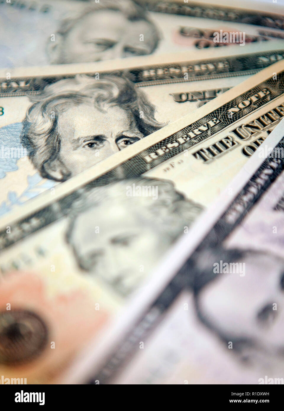 Illustrative image of various denomination US dollar bills Stock Photo ...