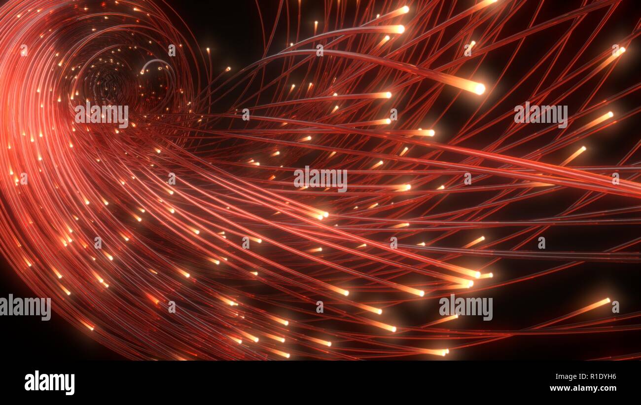 glowing fiber optic strings in dark. 3d illustration Stock Photo - Alamy