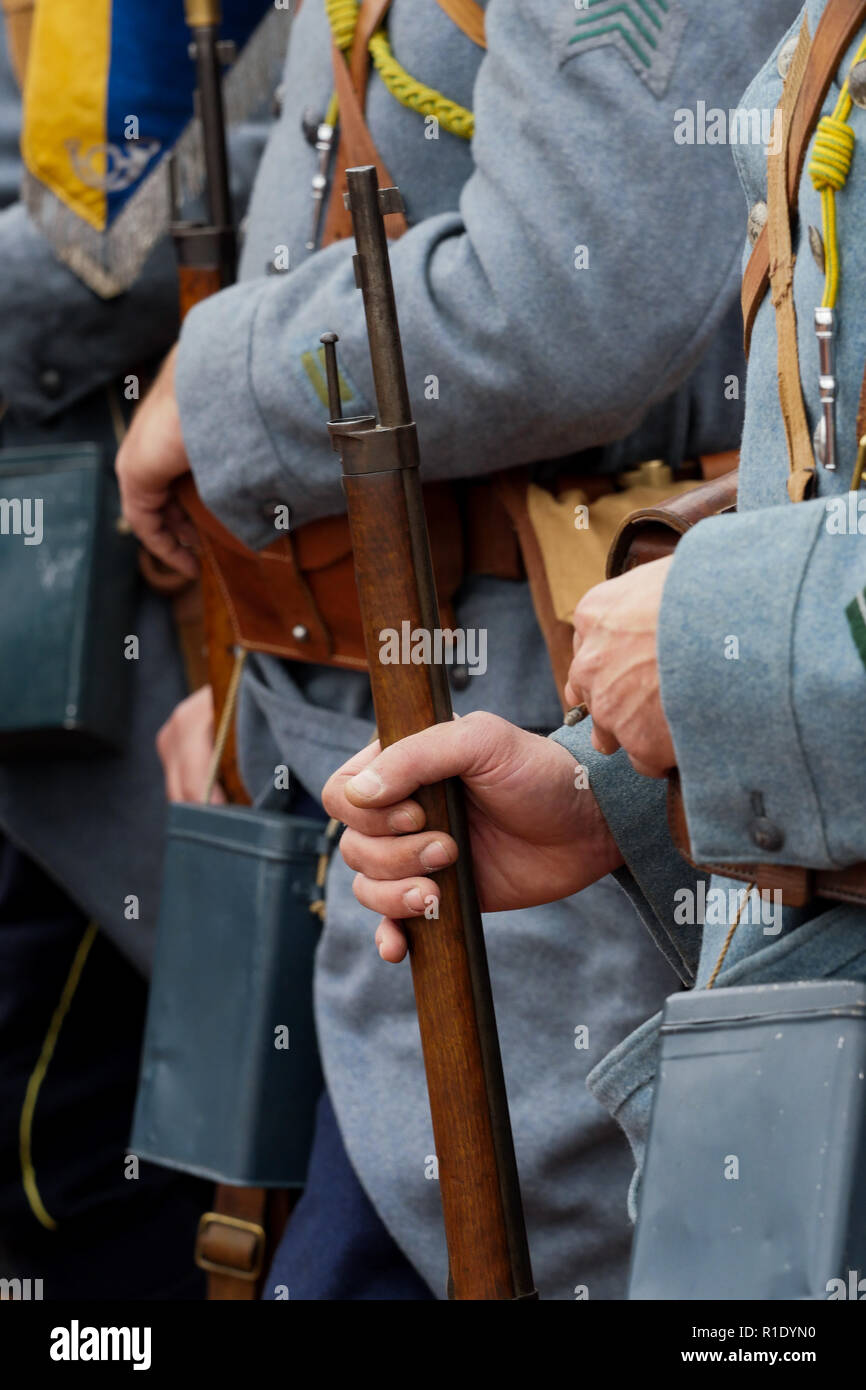 Extras wearing old french military uniforms attend the Commemoration ...