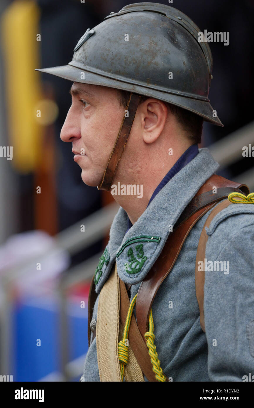 Extras wearing old french military uniforms attend the Commemoration ...