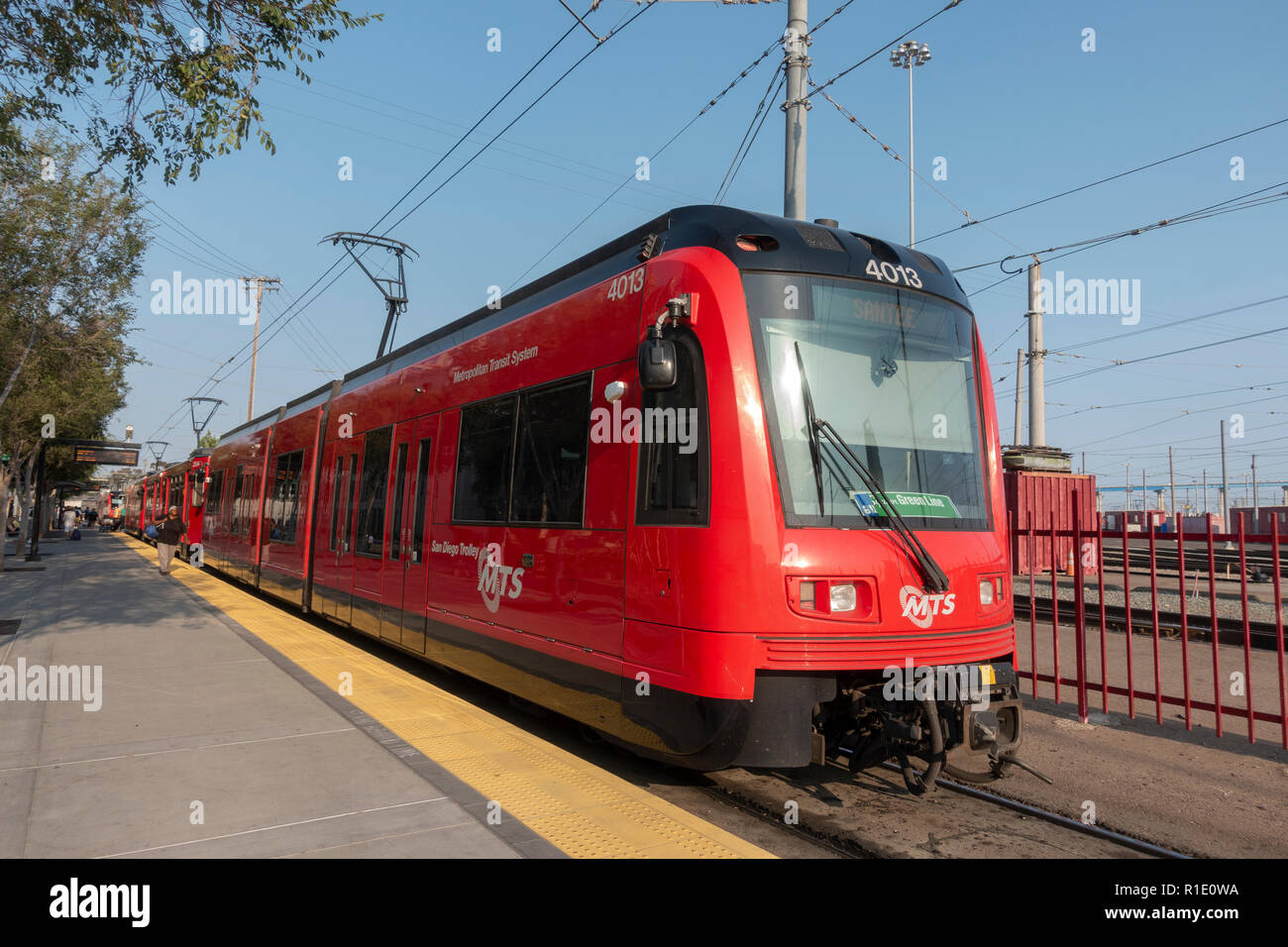 A Green Line MTS Trolley (San Diego Metropolitan Transit System) at a ...
