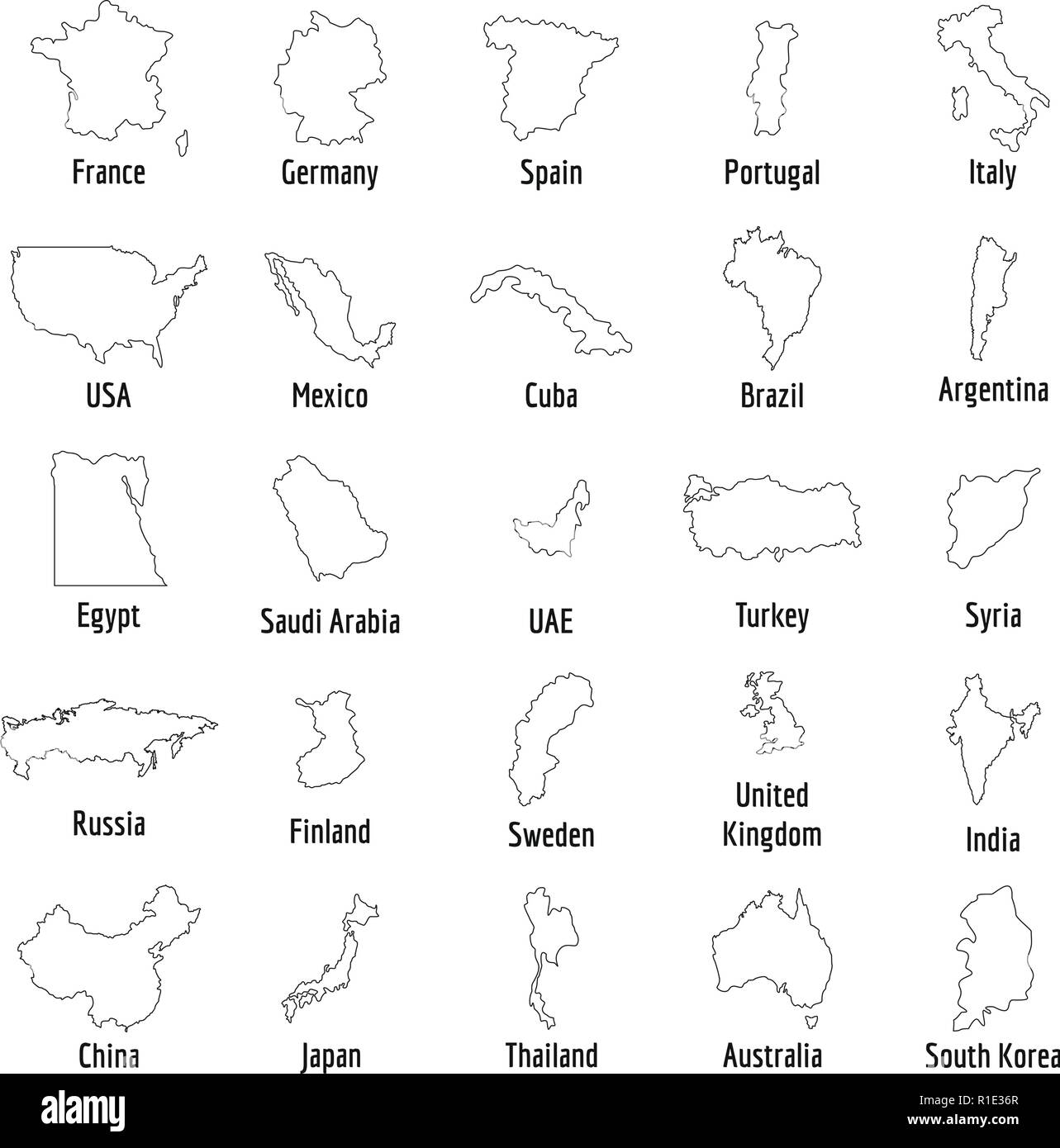 Map country icon set. Outline il6lustration of 25 map country vector ...