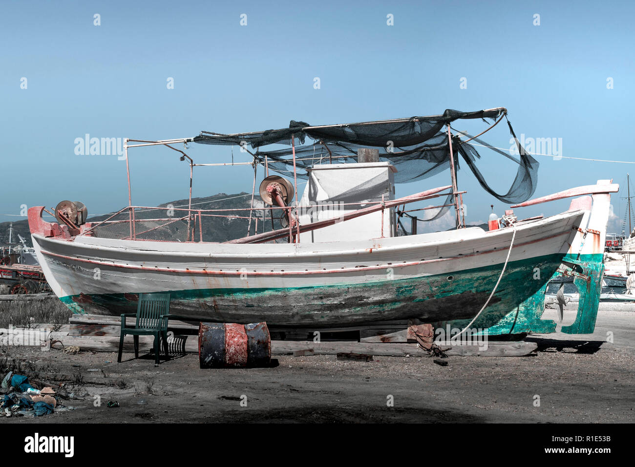 Old Rusty Fishing Boat with Marine Propeller Stock Photo - Alamy