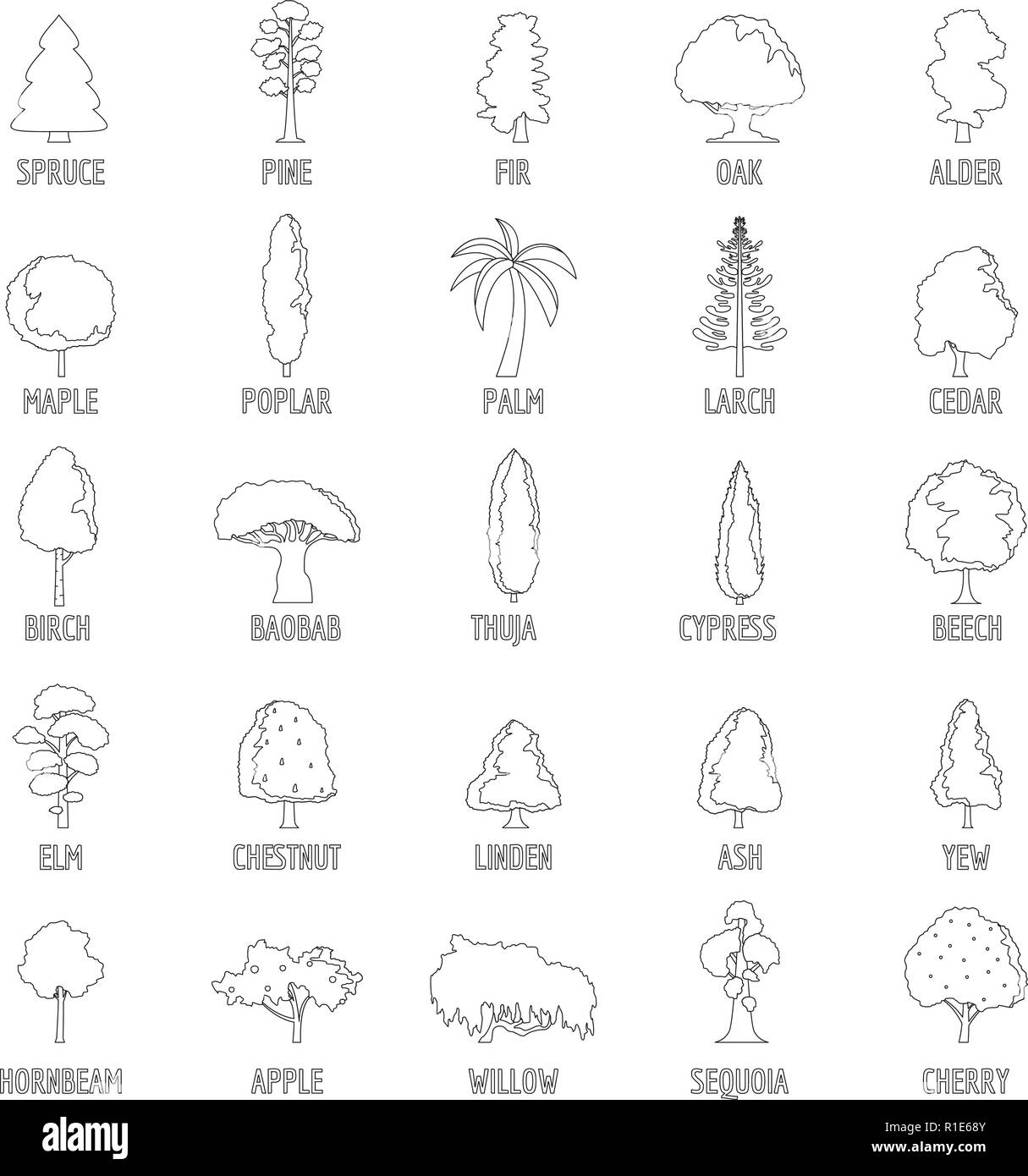 Tree types icons set. Outline illustration of 25 tree types vector ...