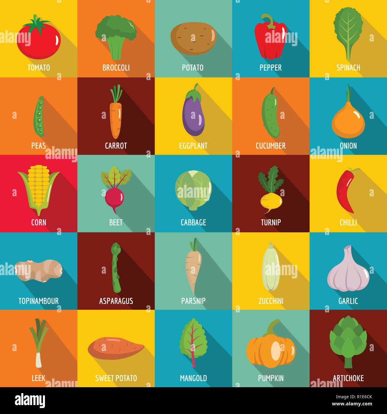 Vegetables icons set. Flat illustration of 25 vegetables vector icons ...
