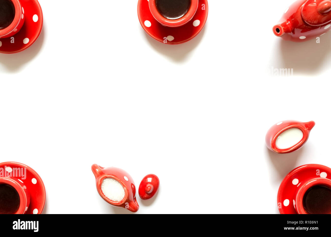 Cups of coffee tea with a cup of milk and sugar isolated on white ...