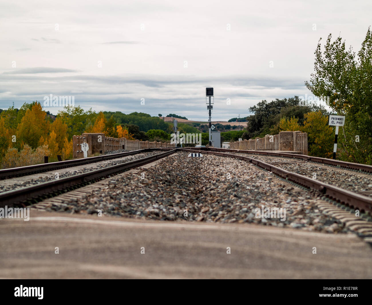Crossroads on train tracks that go through a landscape in autumn with ...