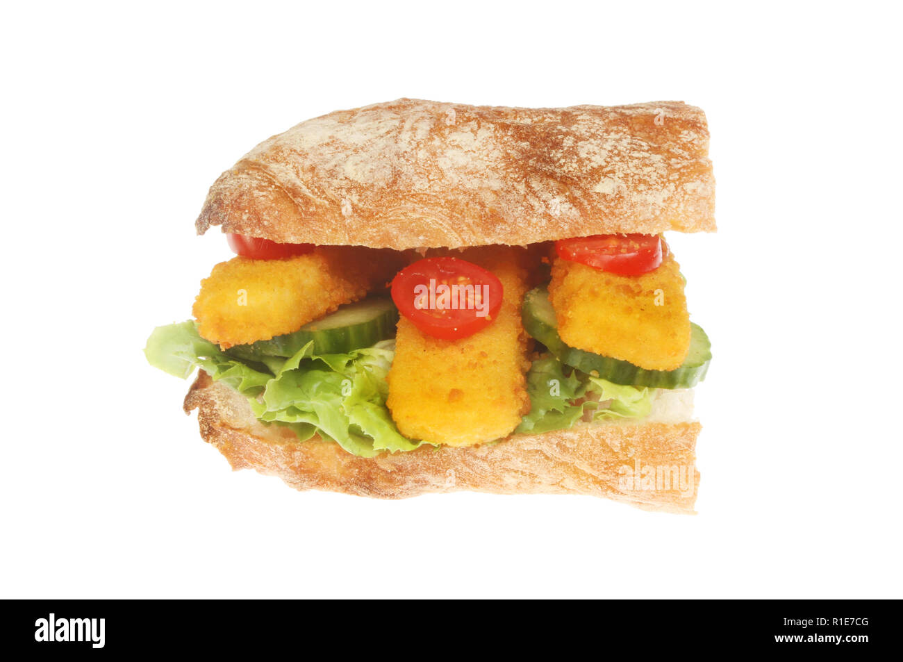 Fish fingers and salad in a ciabatta roll isolated against white Stock ...