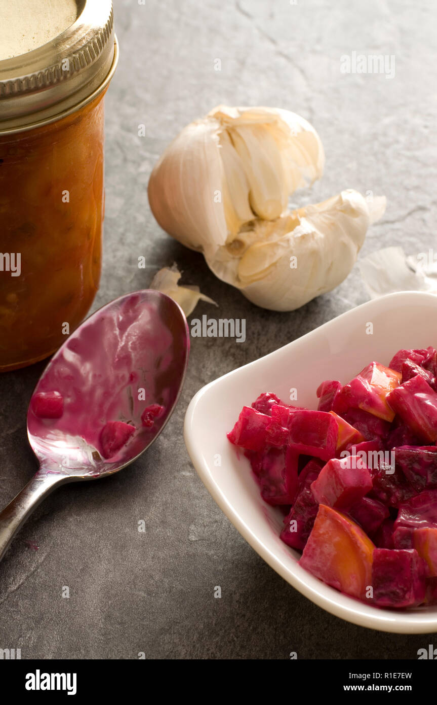Beets Salad with Garlic Cloves and Homemade Relish Jar Stock Photo - Alamy