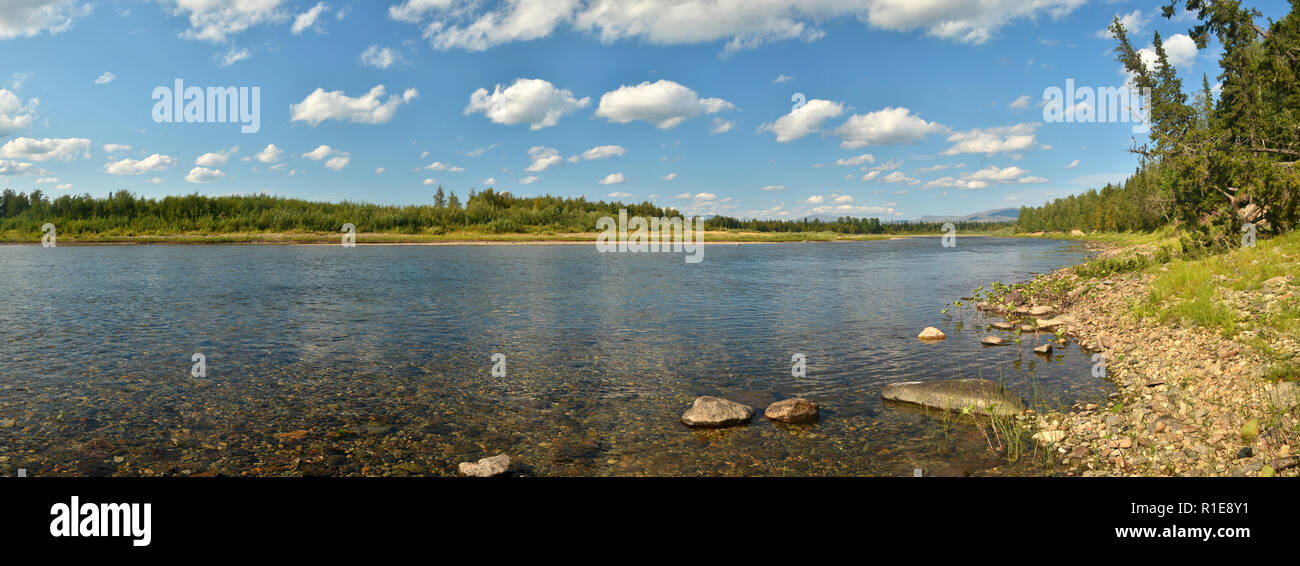 River panorama in a national Park in the Northern Urals. Virgin Komi ...