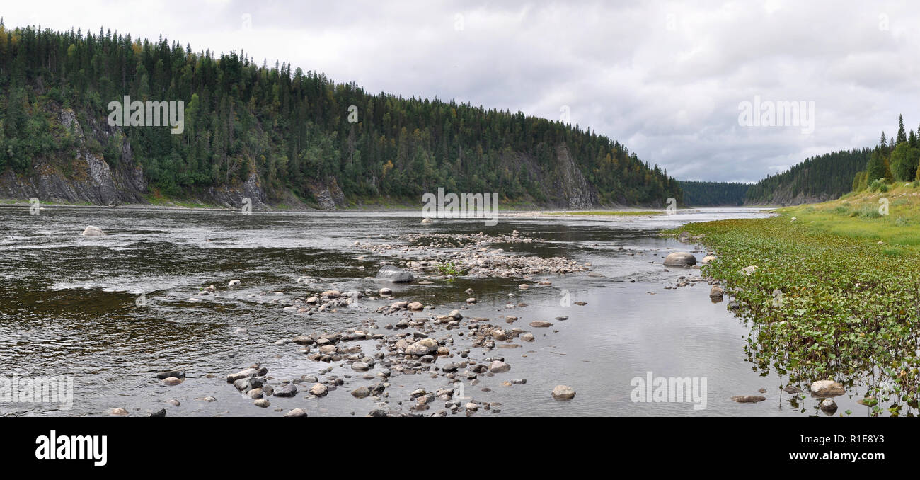 River panorama in a national Park in the Northern Urals. Virgin Komi ...
