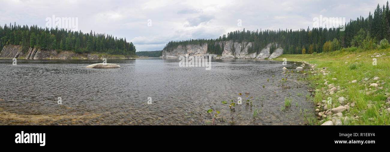 River panorama in a national Park in the Northern Urals. Virgin Komi ...