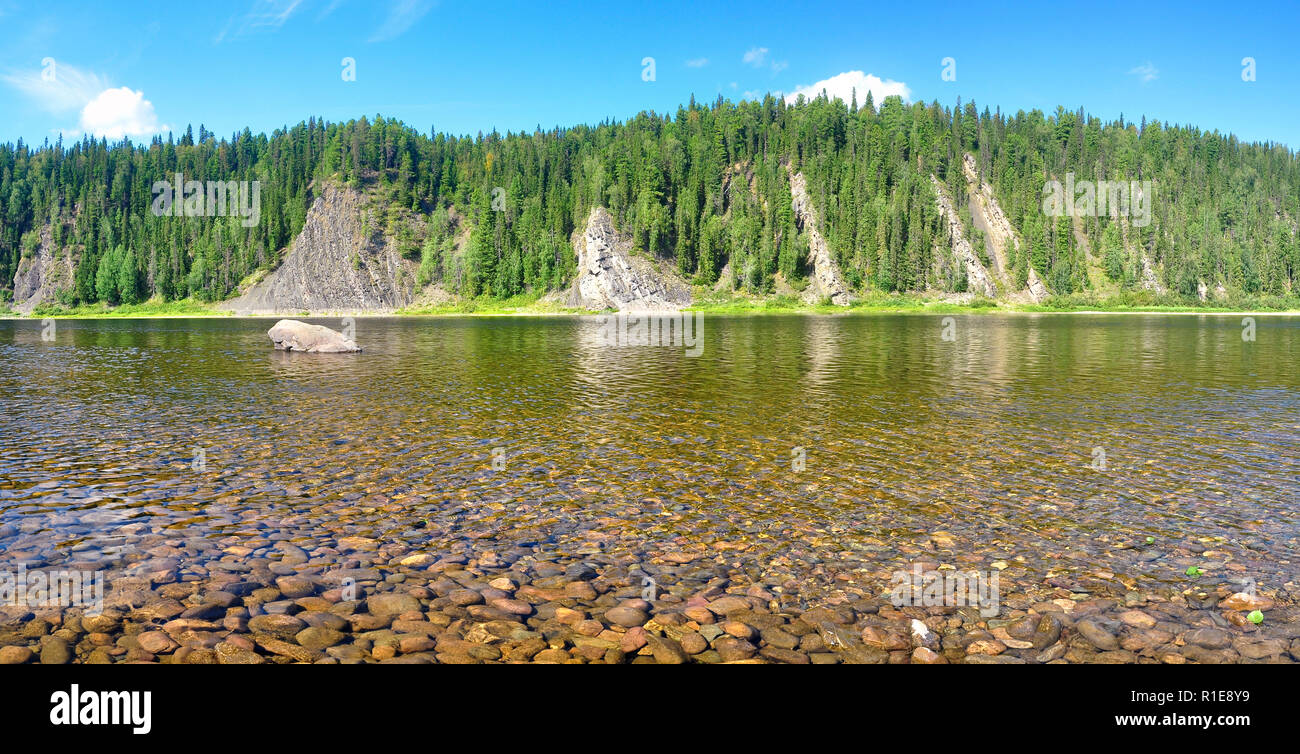 River panorama in a national Park in the Northern Urals. Virgin Komi ...