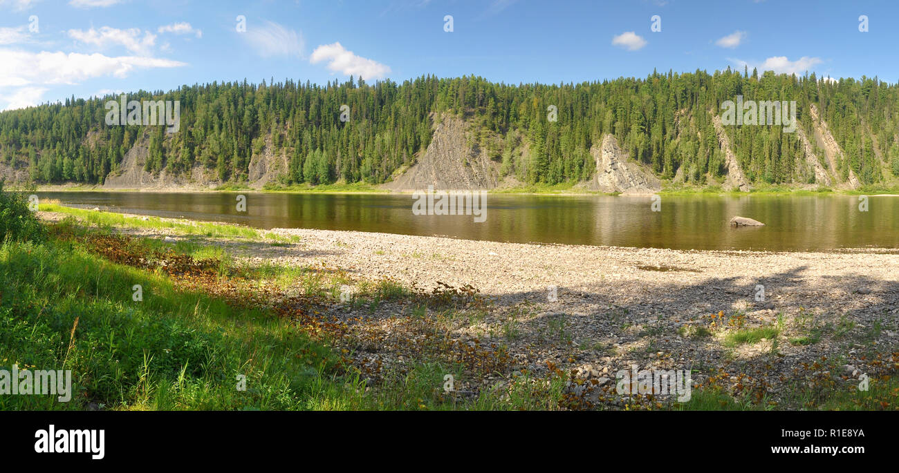River panorama in a national Park in the Northern Urals. Virgin Komi ...