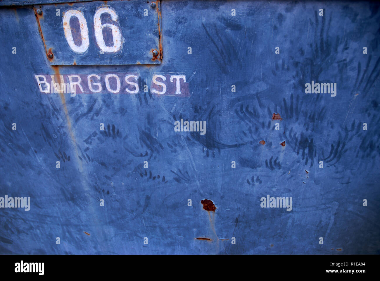 Painted blue front gate, 06 Burgos Street, Dumagette, Philippines Stock ...