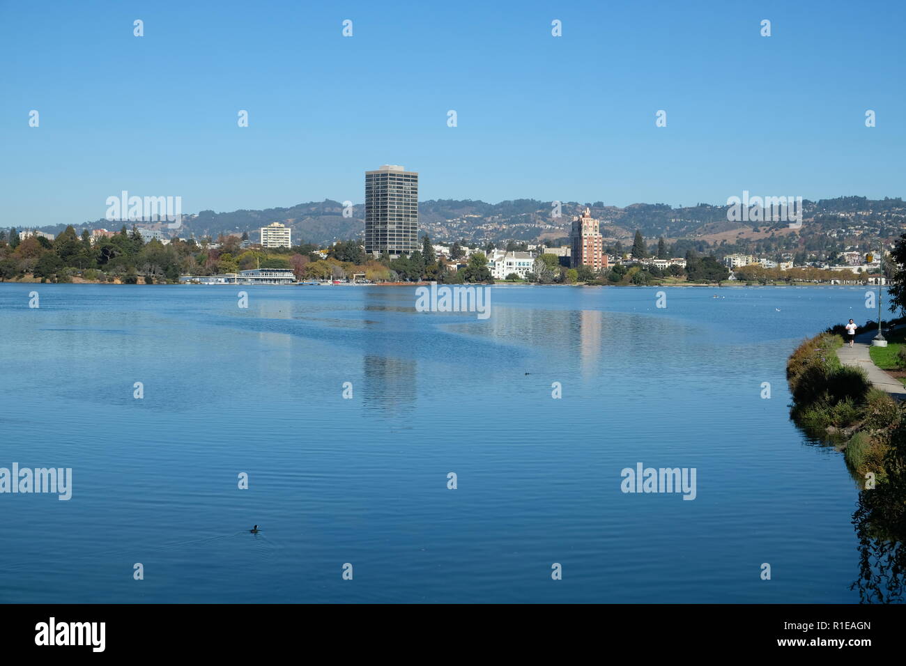 View of Lake Merritt with surrounding office buildings in Oakland ...