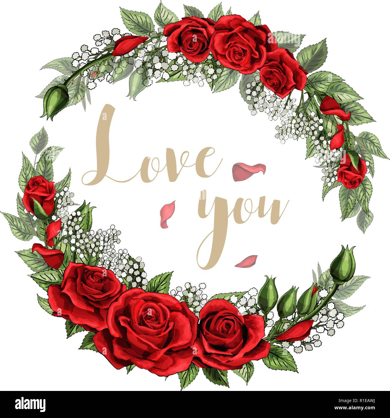 Love you postcard wreath with red rose flowers bouquet and lettering ...