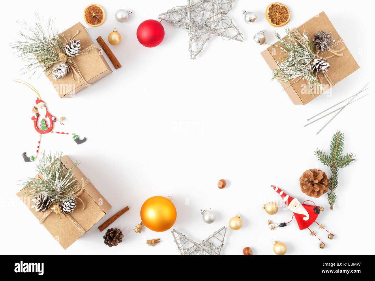 Frame of Christmas decoration on white background flat lay top view ...