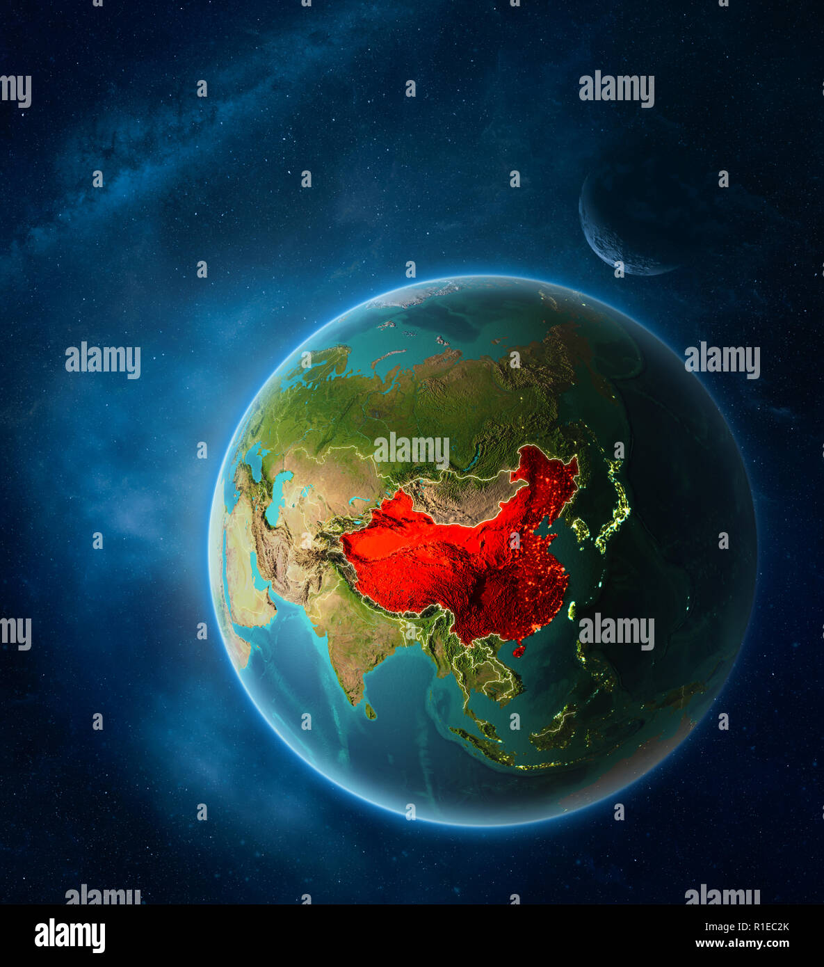 Planet Earth with highlighted China in space with Moon and Milky Way ...