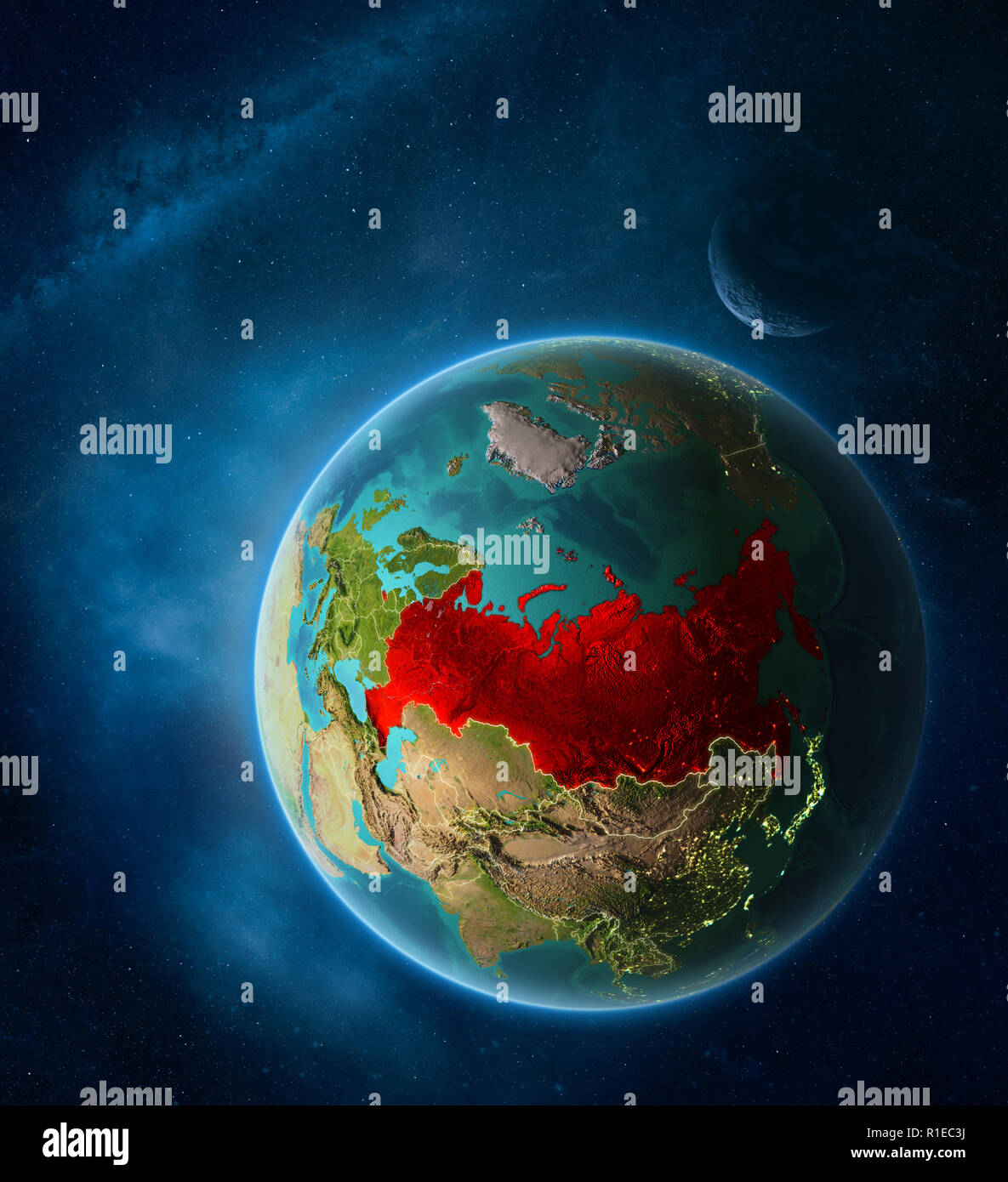 Planet Earth with highlighted Russia in space with Moon and Milky Way ...