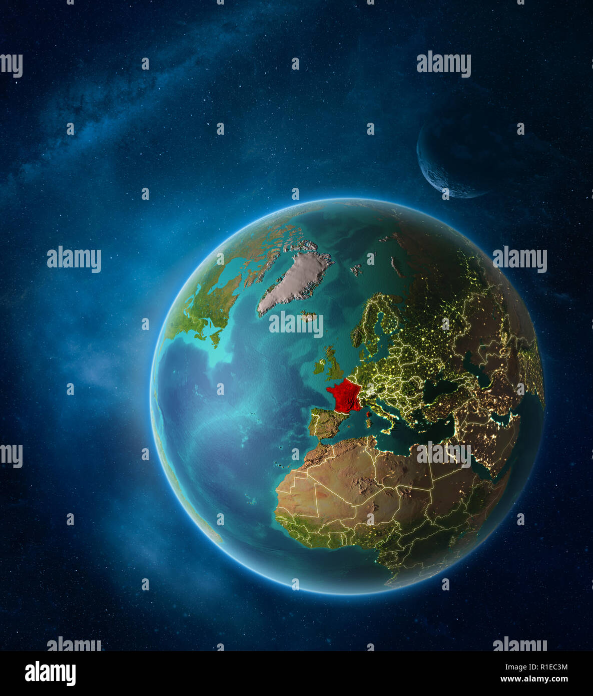 Planet Earth with highlighted France in space with Moon and Milky Way ...