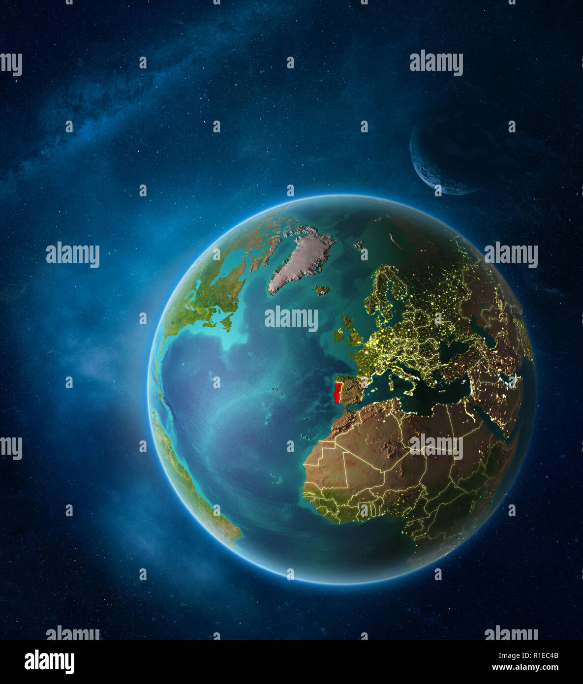 Planet Earth with highlighted Portugal in space with Moon and Milky Way ...