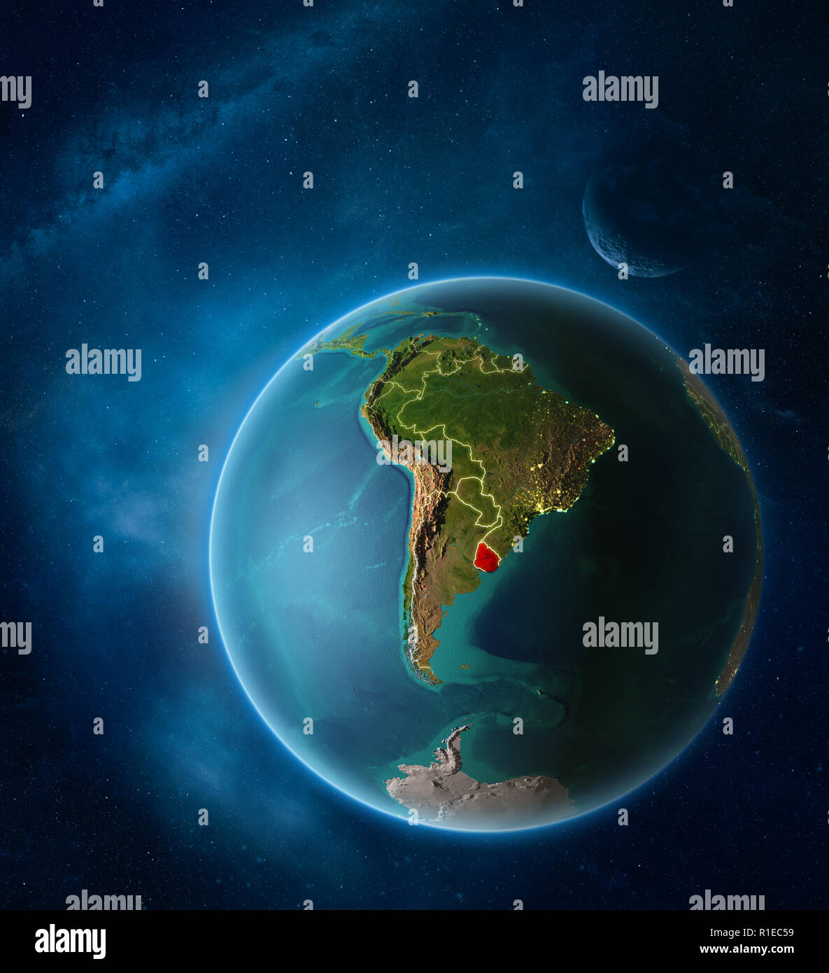 Planet Earth with highlighted Uruguay in space with Moon and Milky Way ...