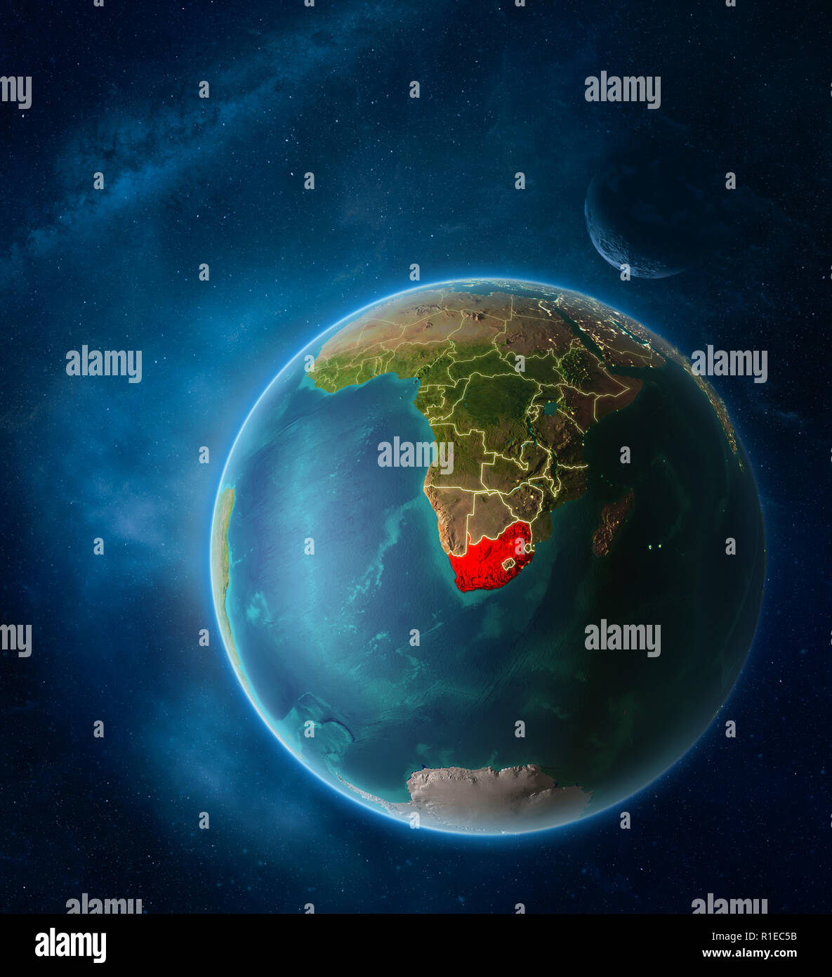 Planet Earth with highlighted South Africa in space with Moon and Milky ...