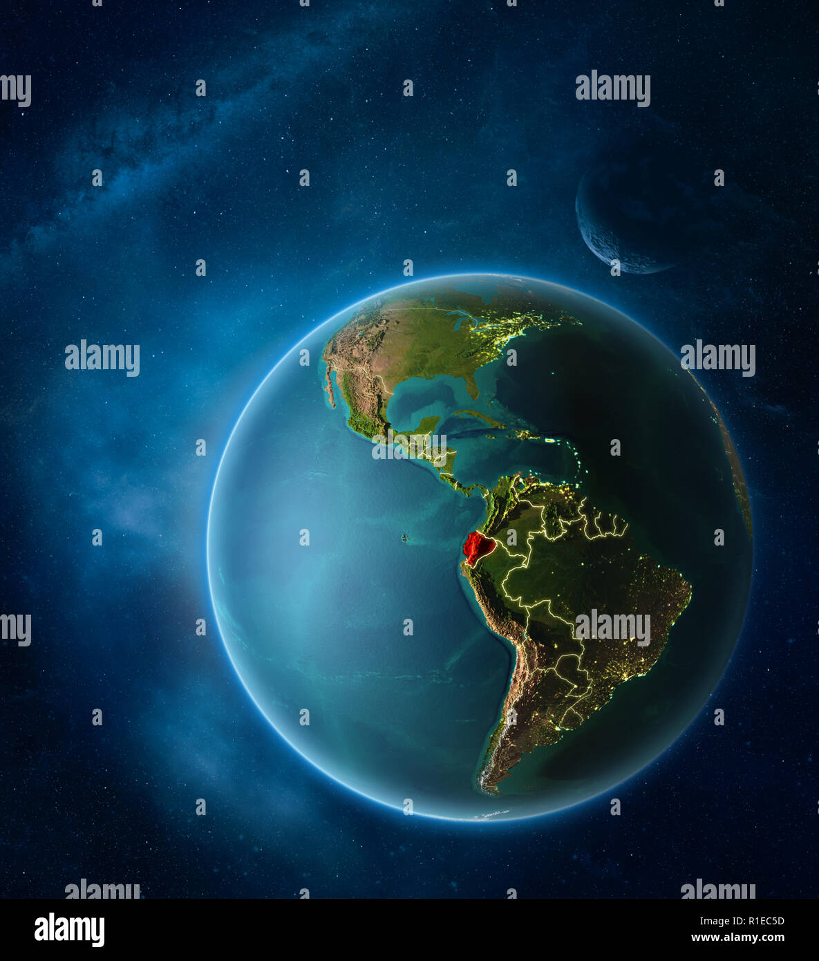 Planet Earth with highlighted Ecuador in space with Moon and Milky Way ...