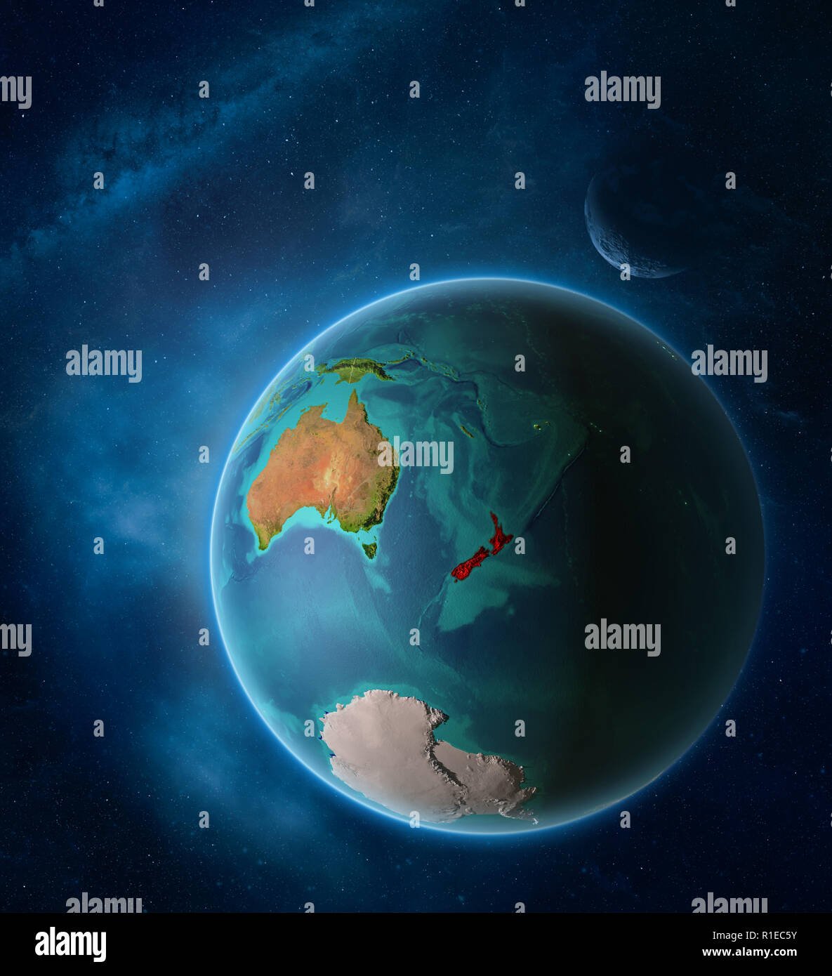Planet Earth with highlighted New Zealand in space with Moon and Milky ...