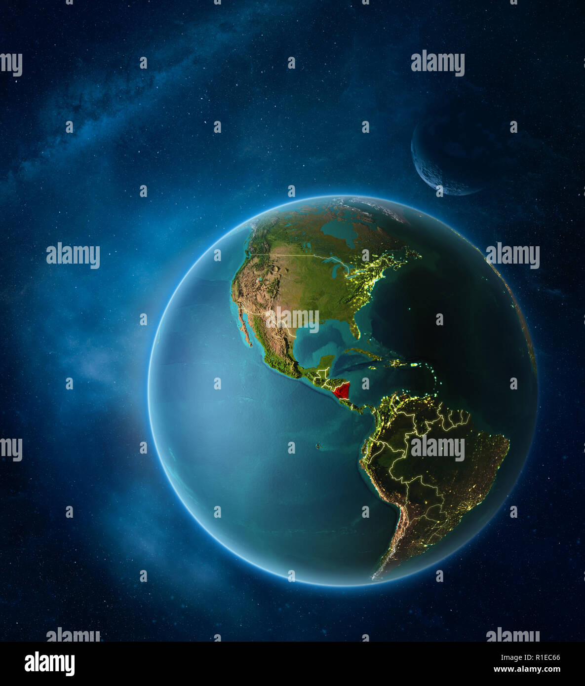 Planet Earth with highlighted Nicaragua in space with Moon and Milky ...
