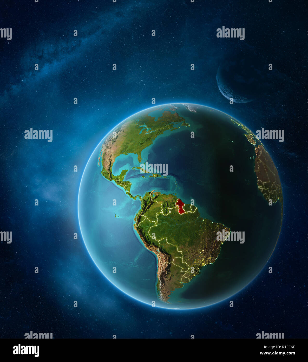 Planet Earth with highlighted Guyana in space with Moon and Milky Way ...