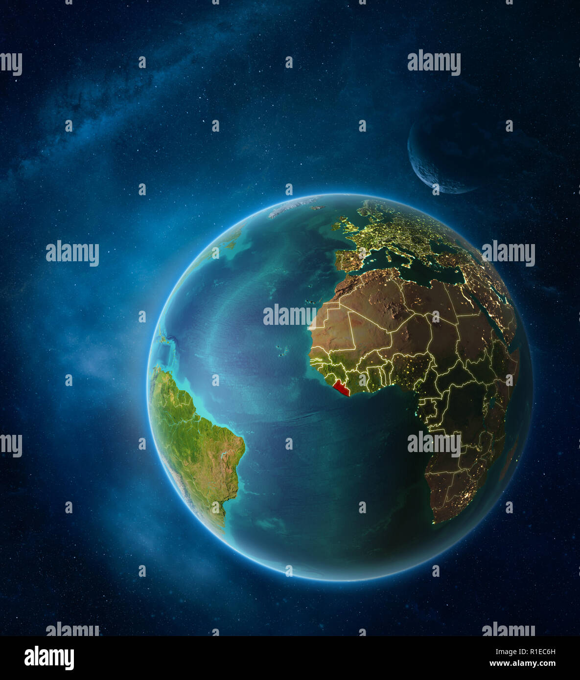 Planet Earth with highlighted Liberia in space with Moon and Milky Way ...