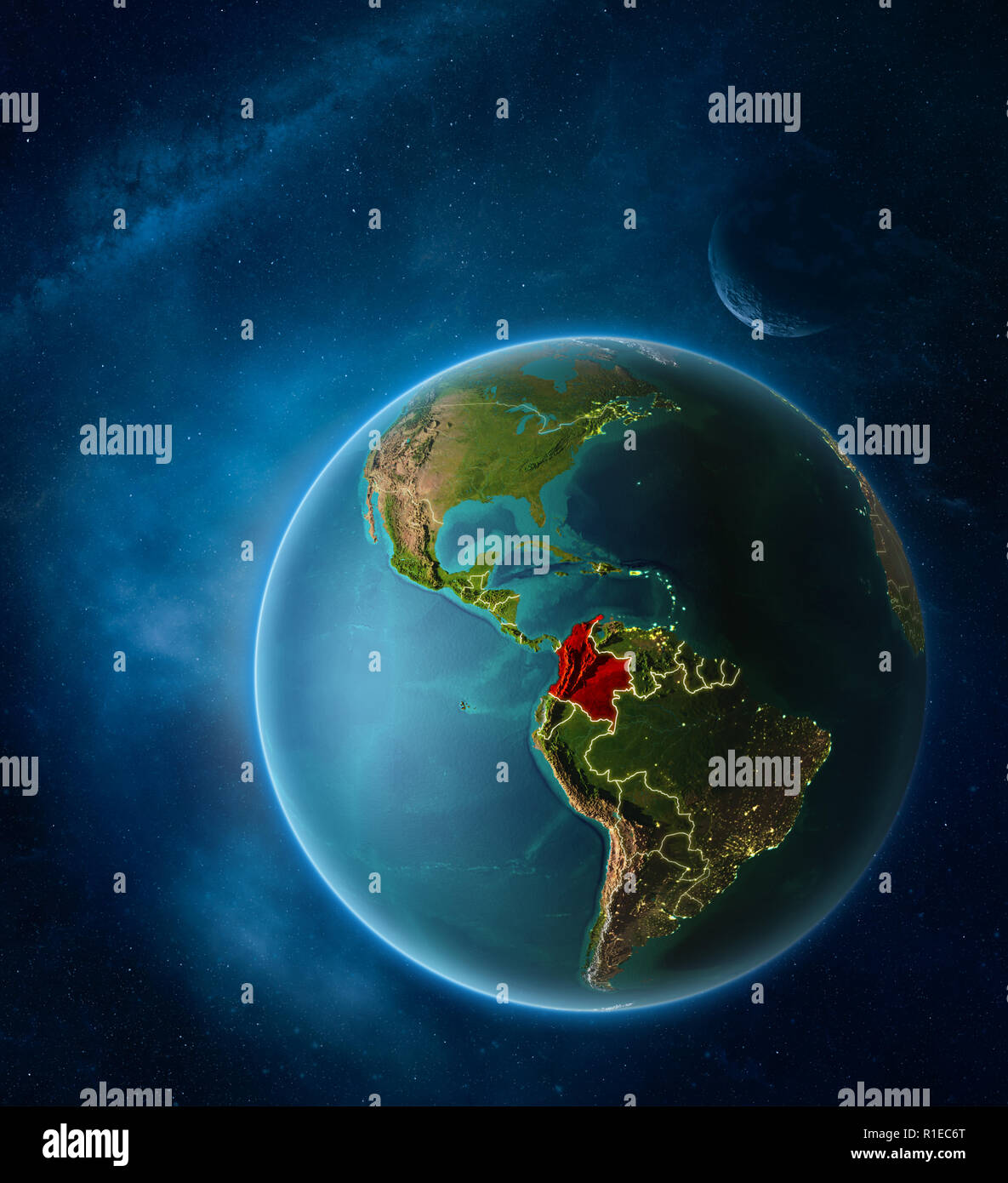 Planet Earth with highlighted Colombia in space with Moon and Milky Way ...