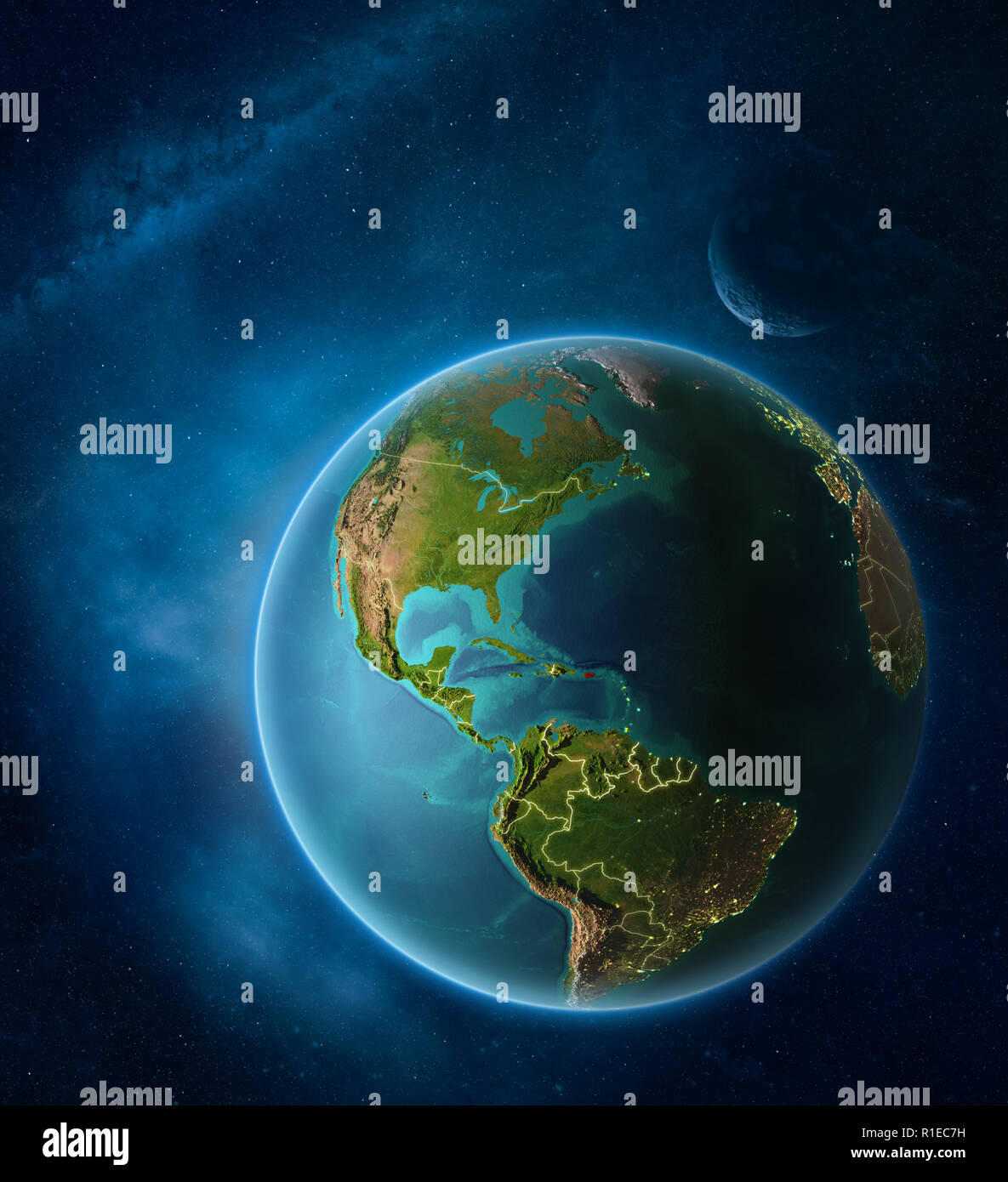 Planet Earth with highlighted Puerto Rico in space with Moon and Milky ...