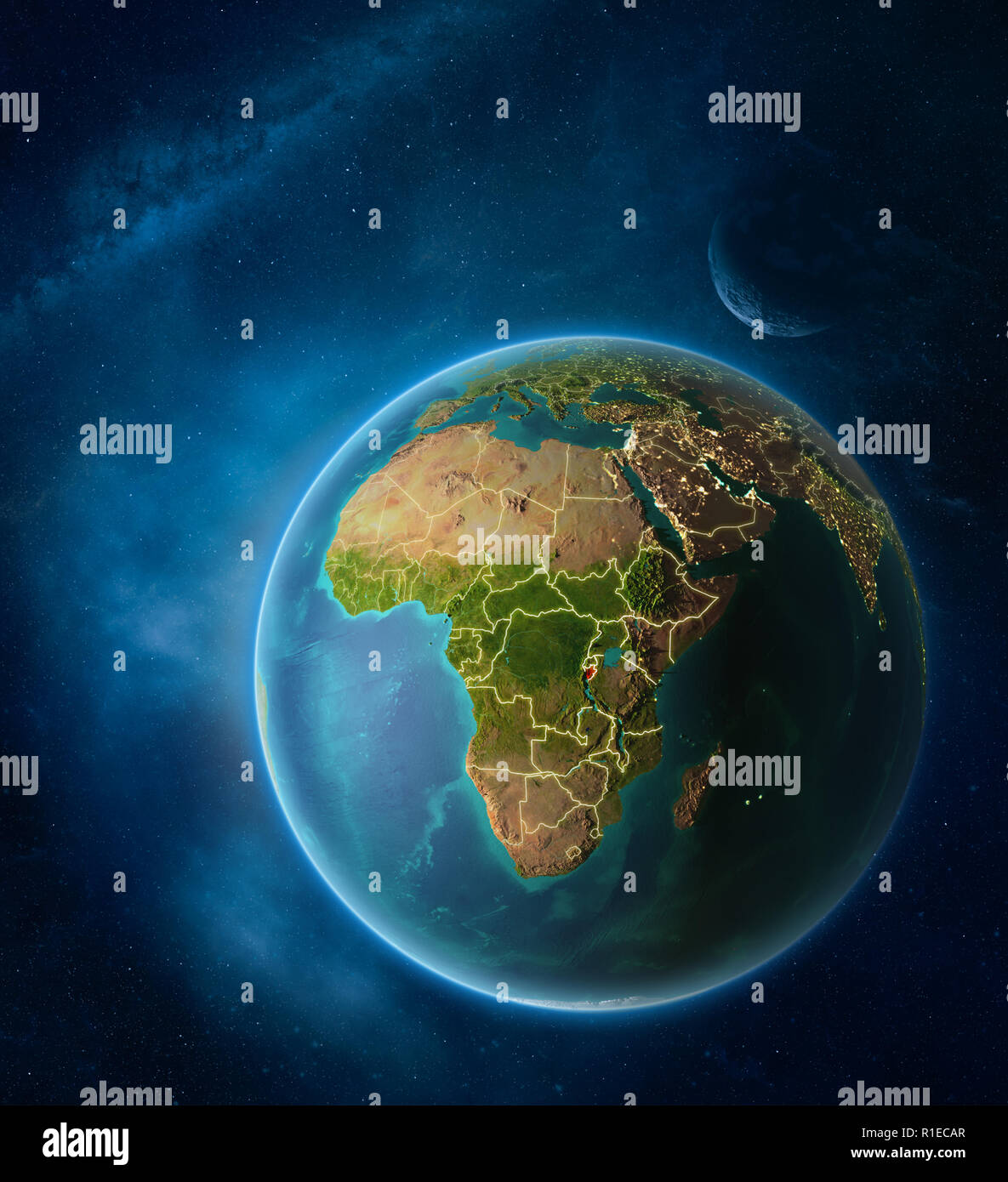 Planet Earth with highlighted Burundi in space with Moon and Milky Way ...