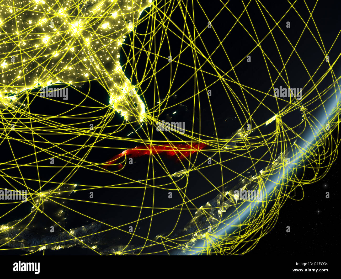 Cuba on model of planet Earth with network at night. Concept of new ...