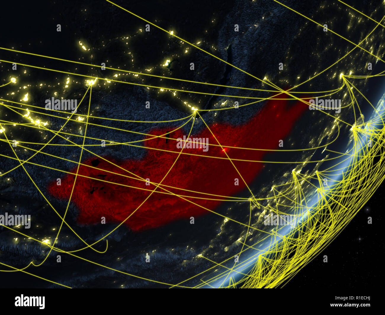 Mongolia on model of planet Earth with network at night. Concept of new ...