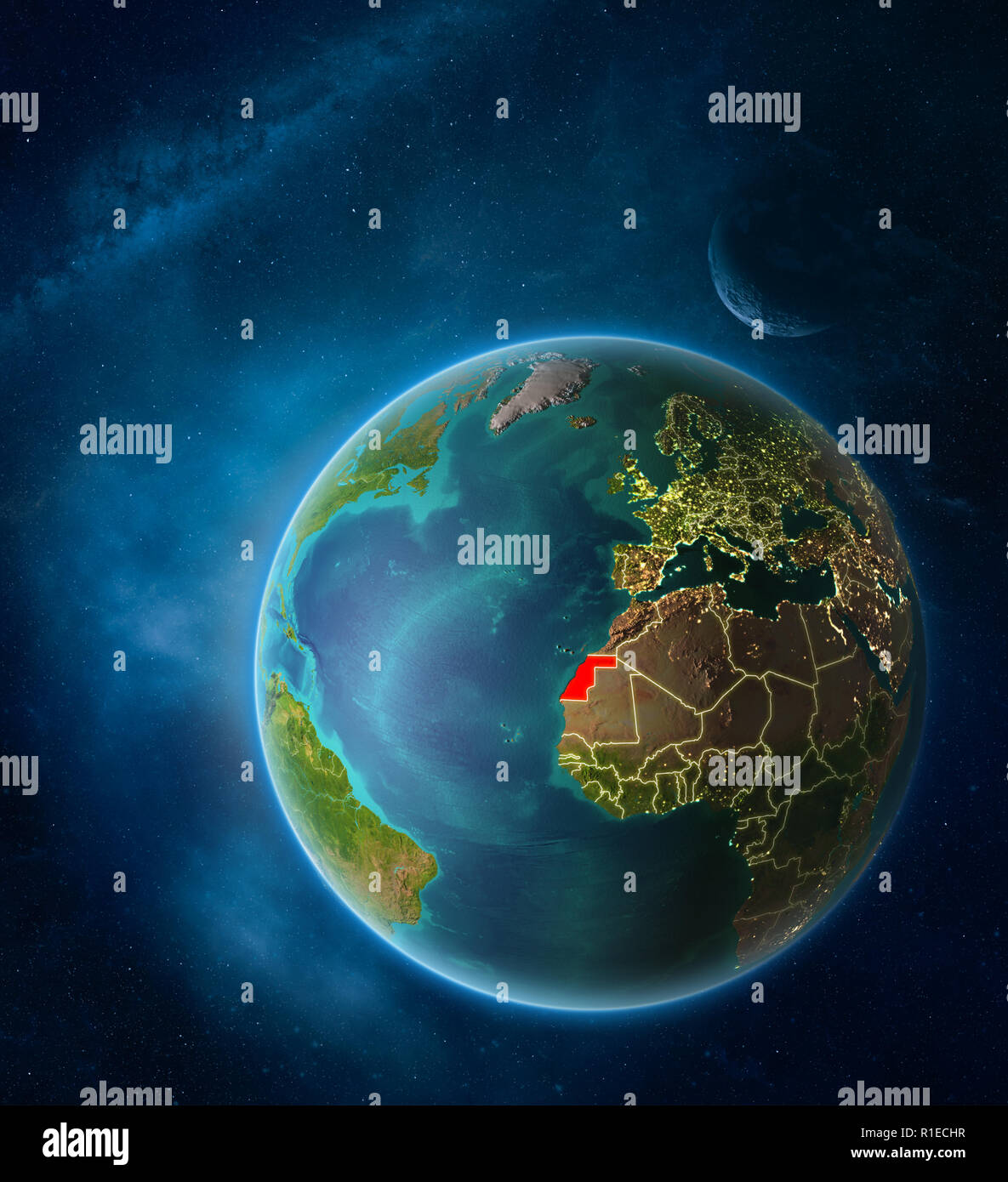 Planet Earth with highlighted Western Sahara in space with Moon and ...