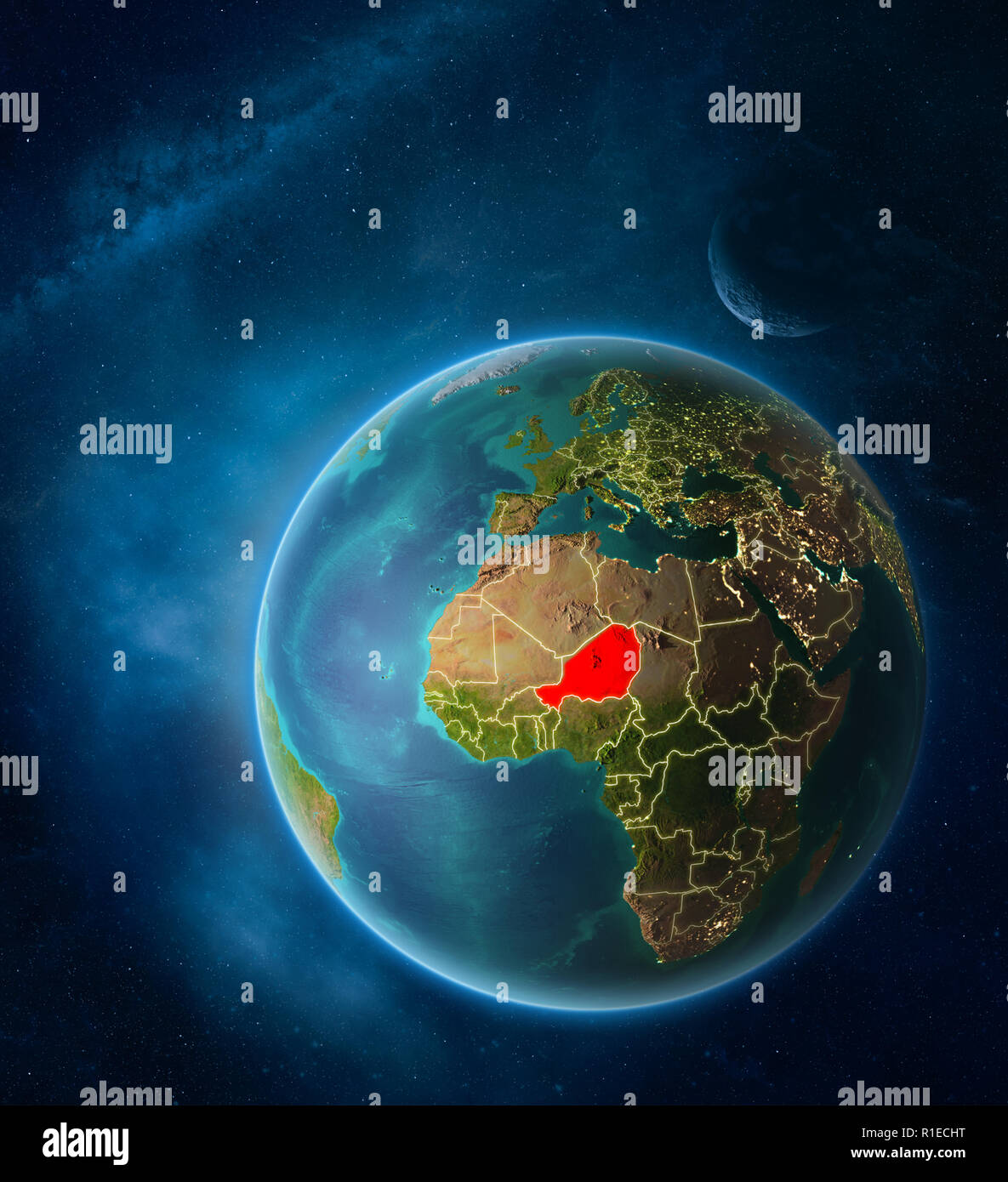 Planet Earth with highlighted Niger in space with Moon and Milky Way ...