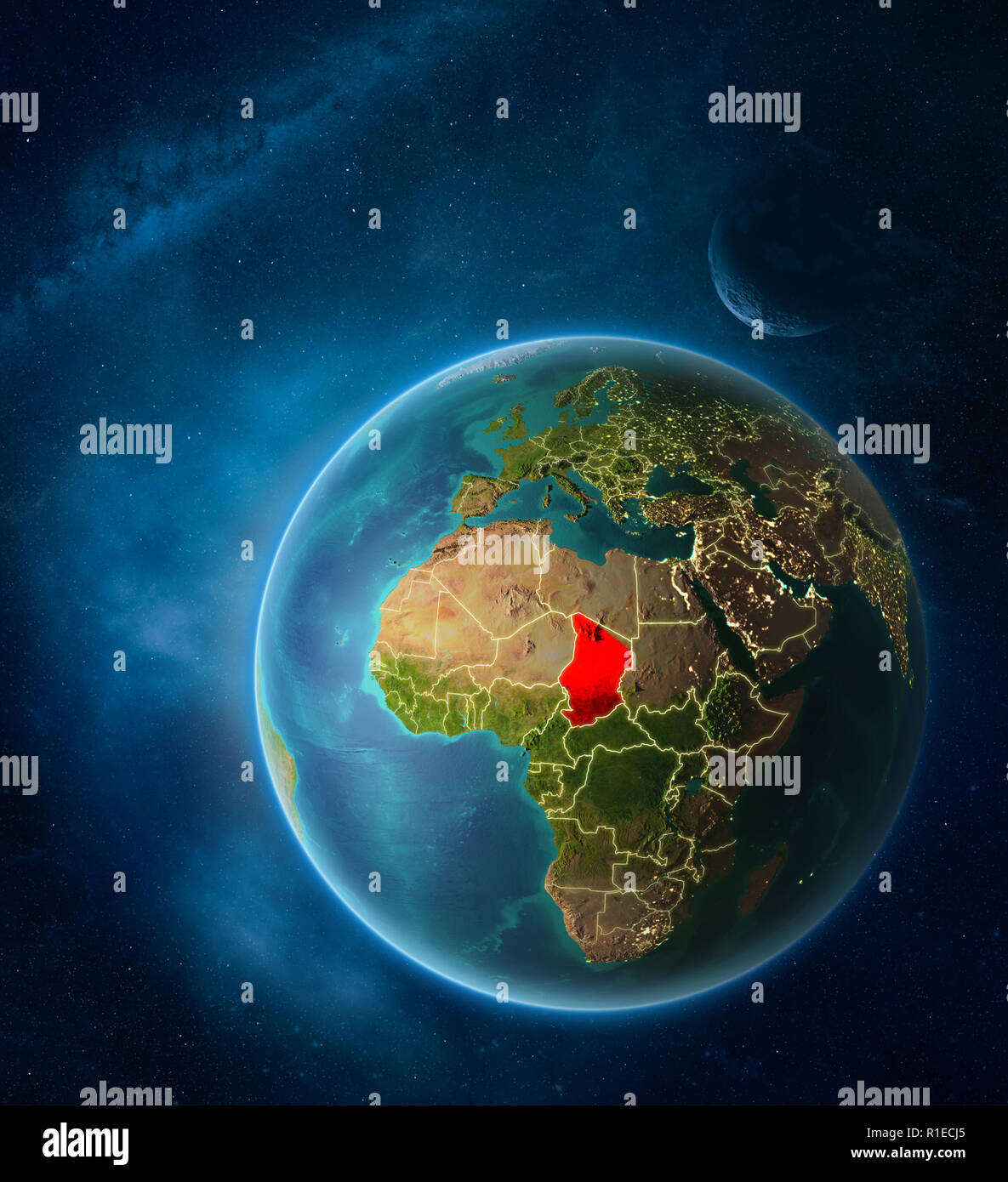 Planet Earth with highlighted Chad in space with Moon and Milky Way ...