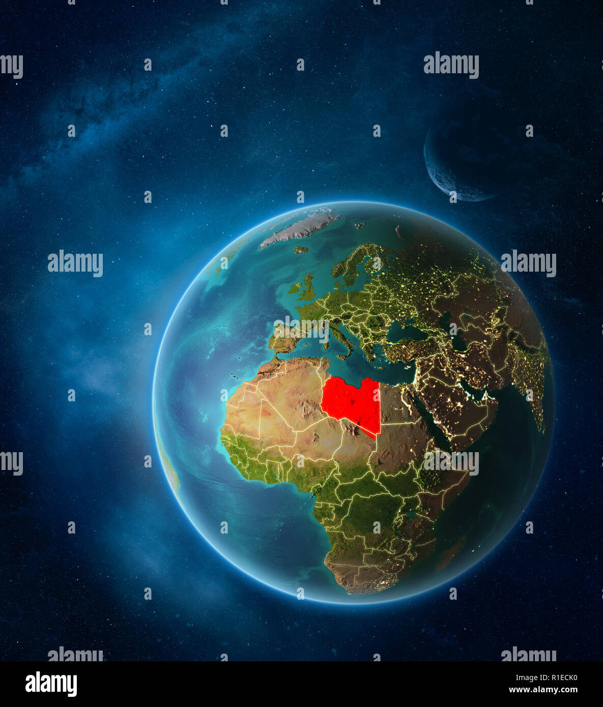 Planet Earth with highlighted Libya in space with Moon and Milky Way ...