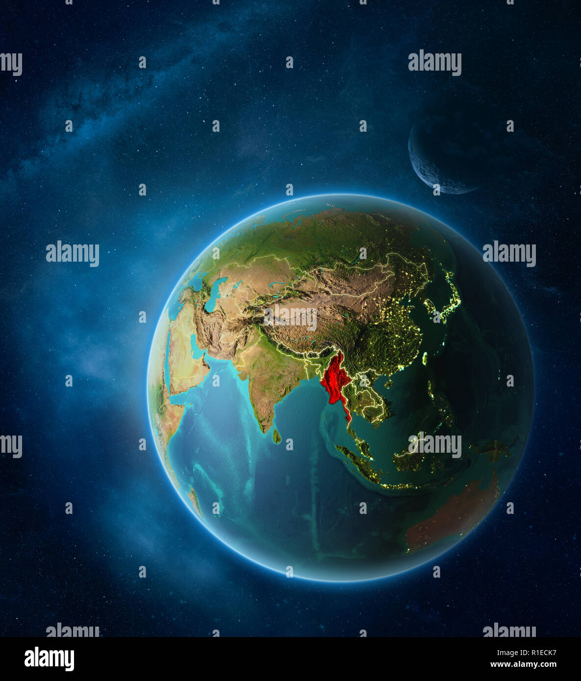 Planet Earth with highlighted Myanmar in space with Moon and Milky Way ...