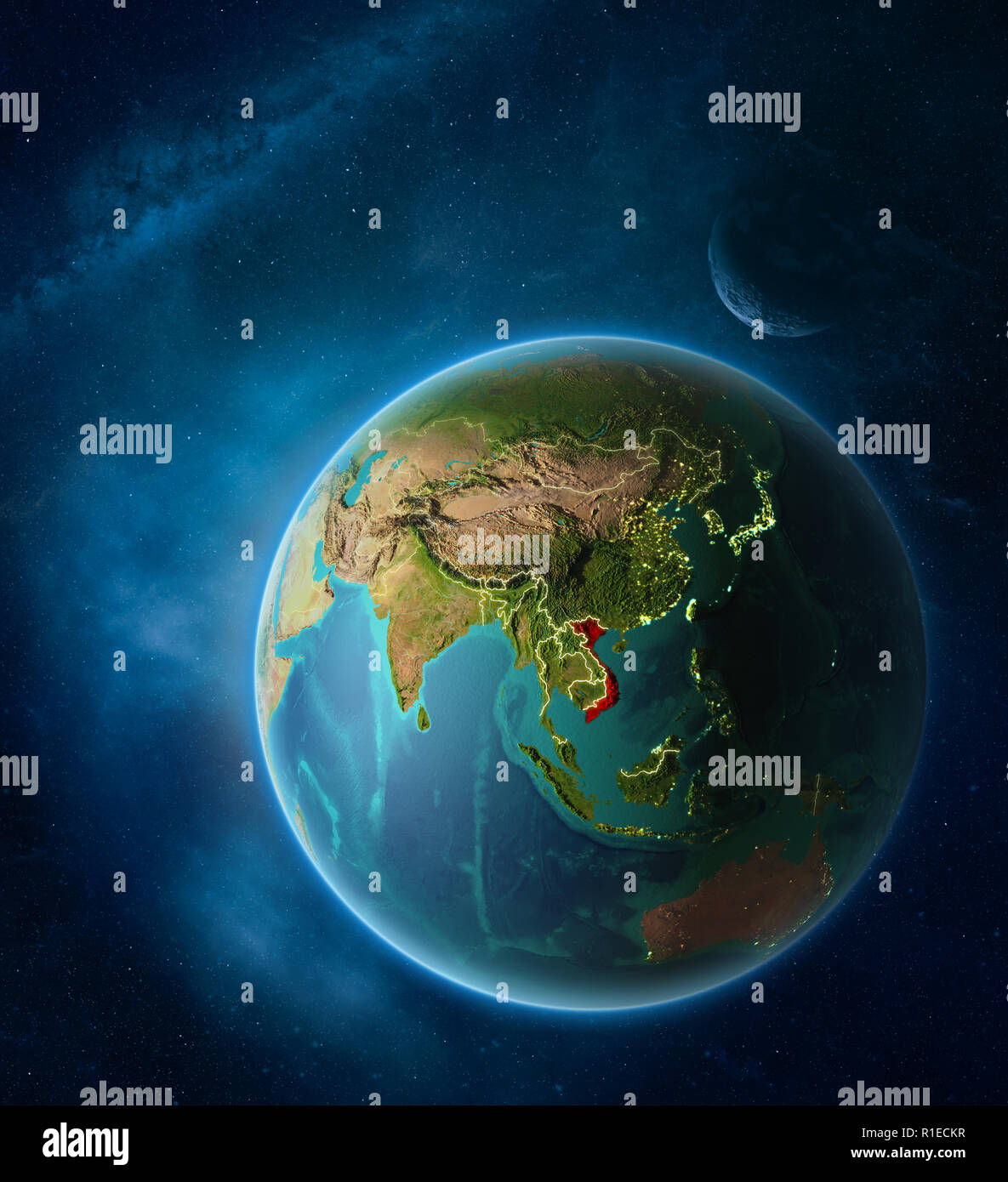 Planet Earth with highlighted Vietnam in space with Moon and Milky Way ...