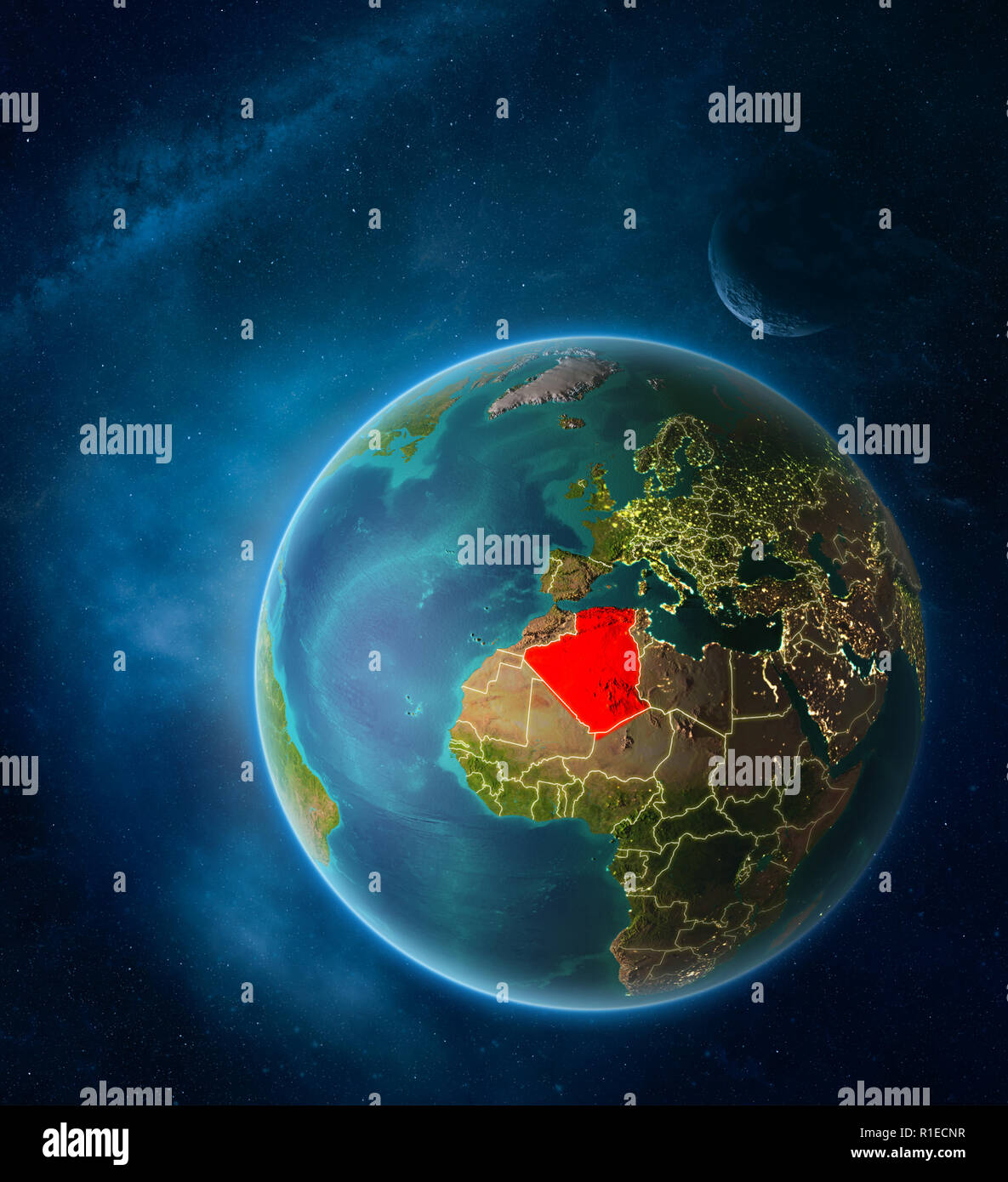 Planet Earth with highlighted Algeria in space with Moon and Milky Way ...