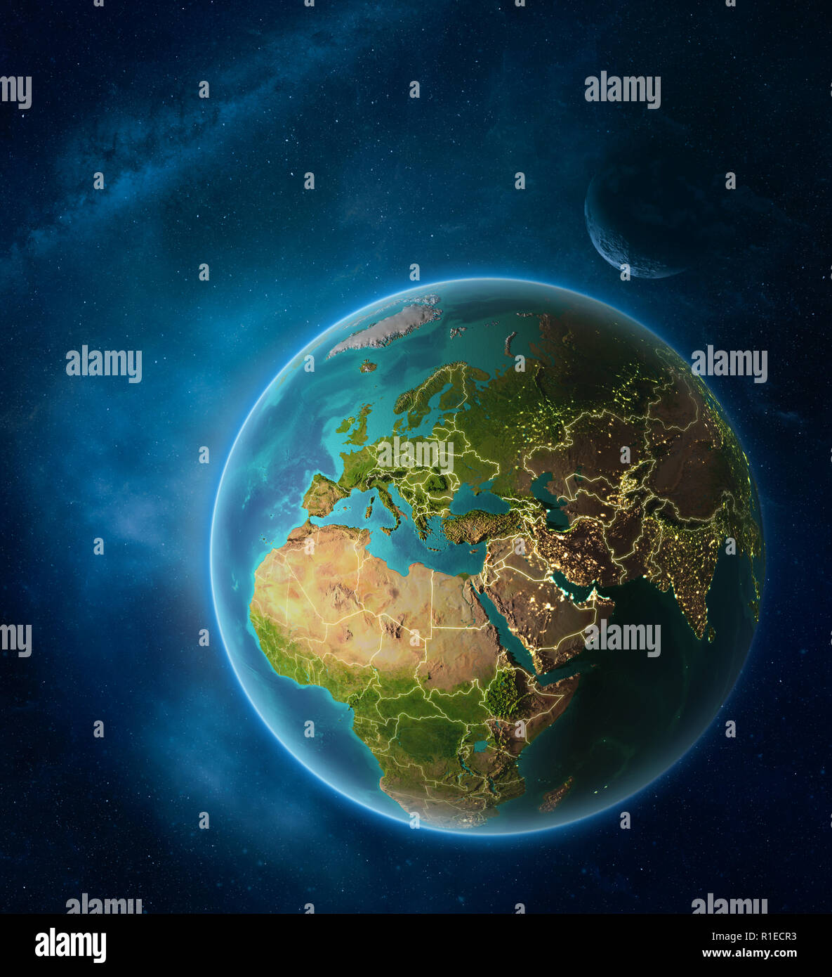 Planet Earth with highlighted Lebanon in space with Moon and Milky Way ...