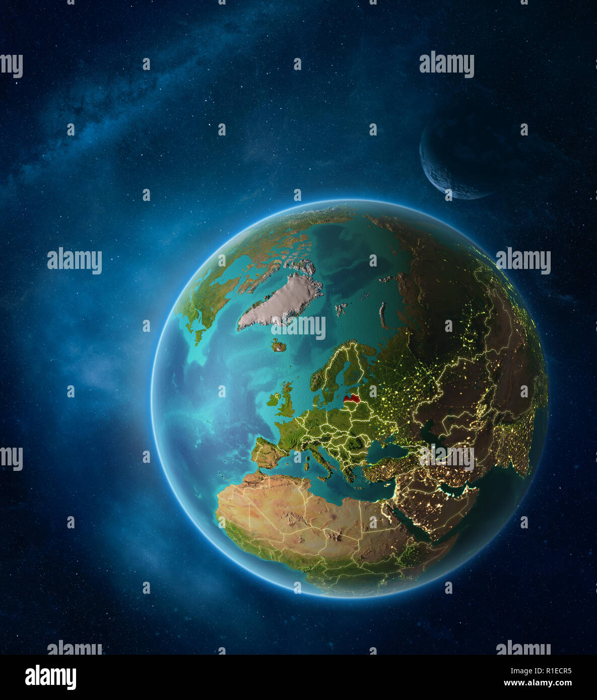 Planet Earth with highlighted Latvia in space with Moon and Milky Way ...