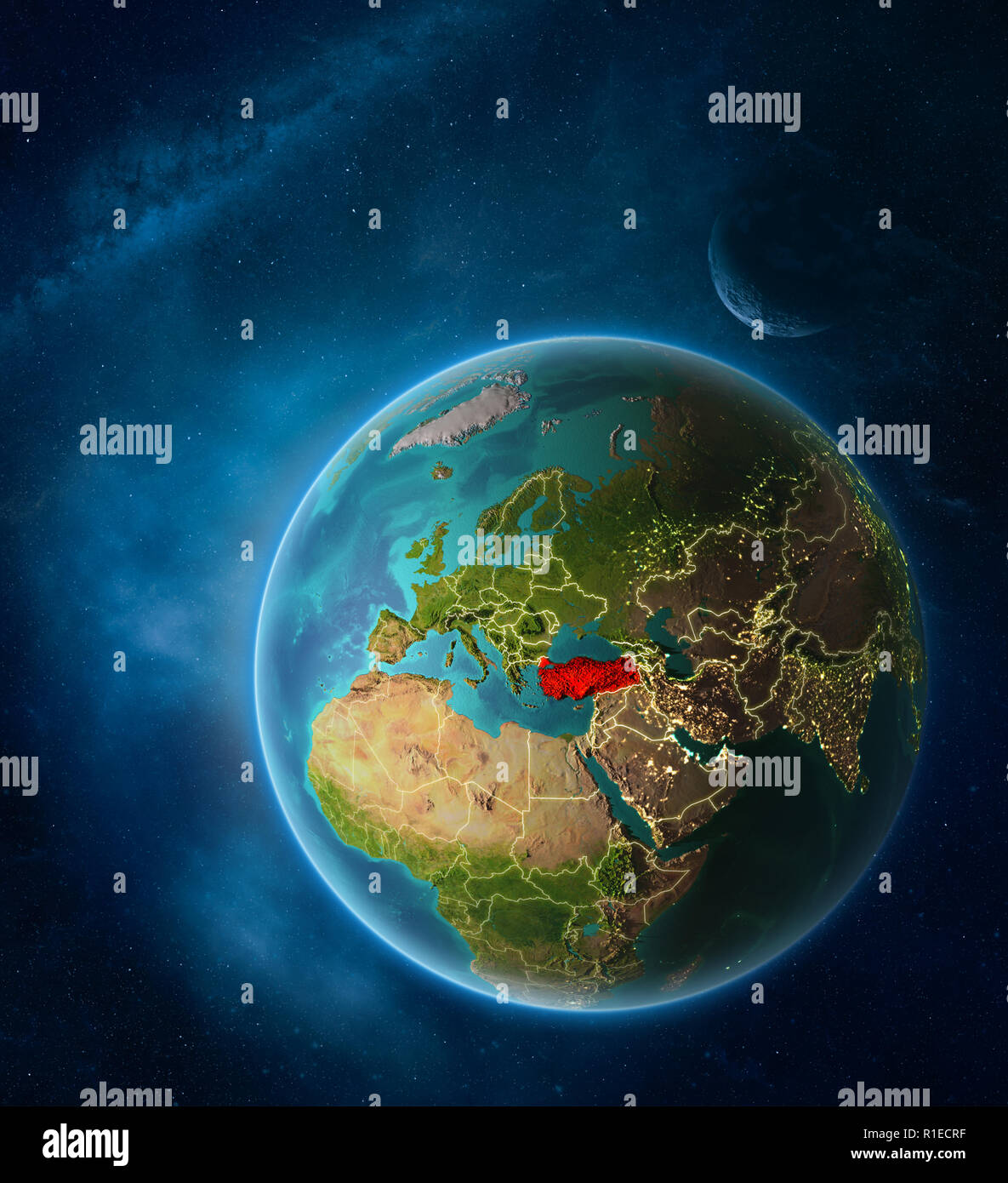 Planet Earth with highlighted Turkey in space with Moon and Milky Way ...