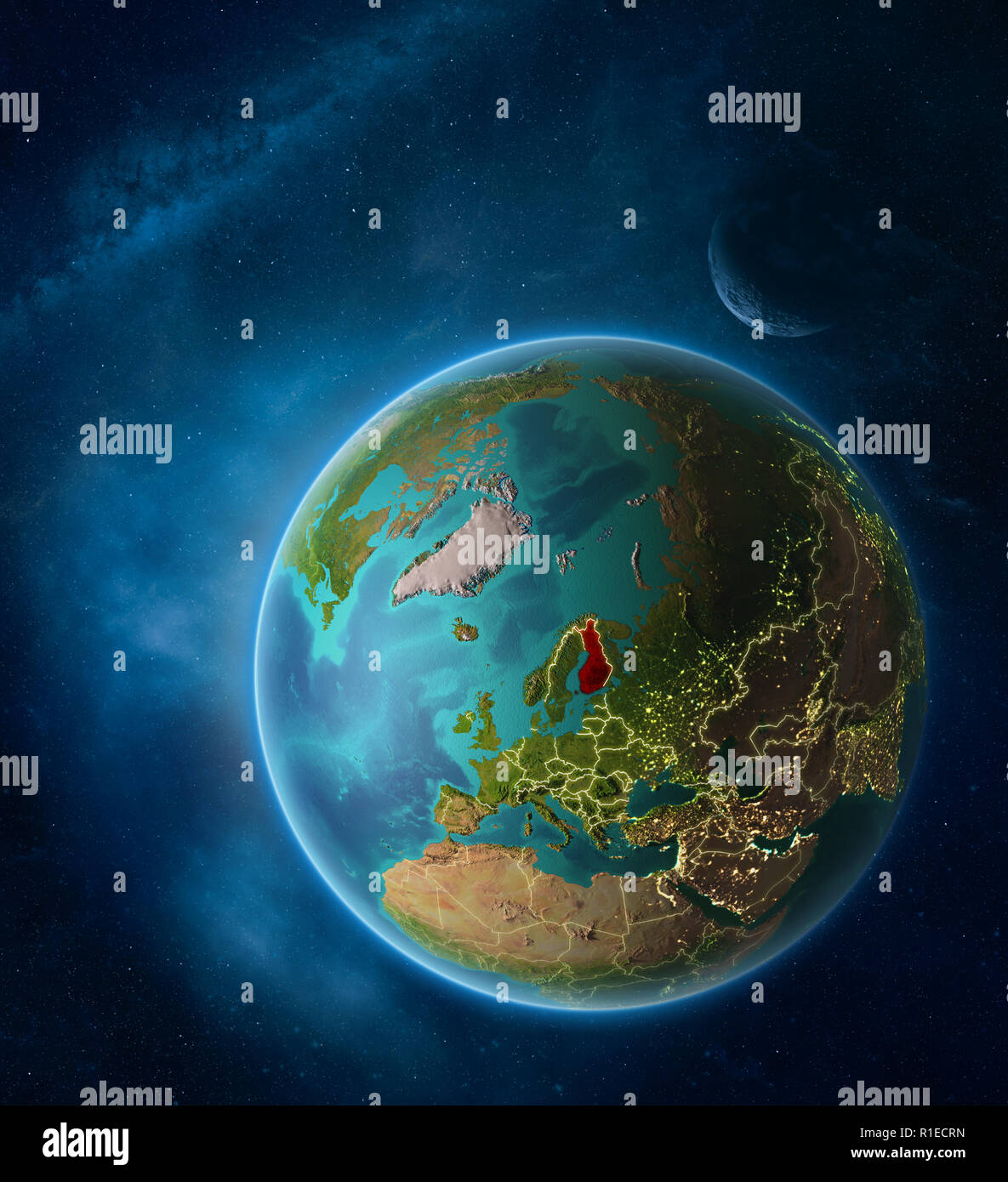 Planet Earth with highlighted Finland in space with Moon and Milky Way ...