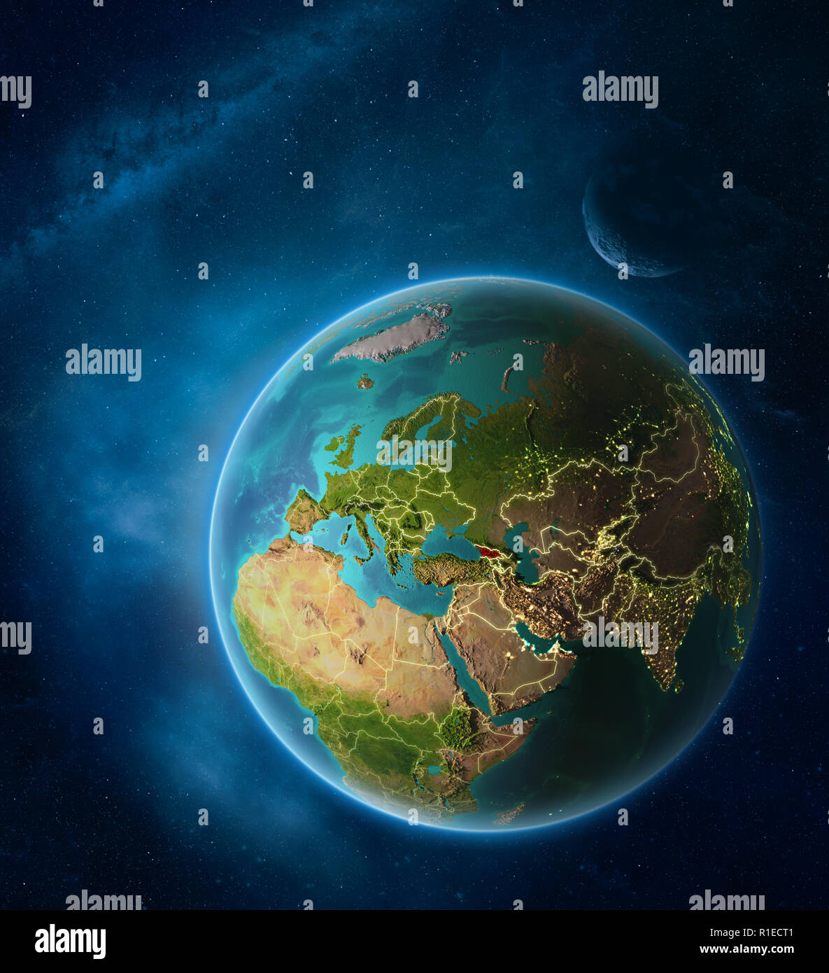 Planet Earth with highlighted Georgia in space with Moon and Milky Way ...